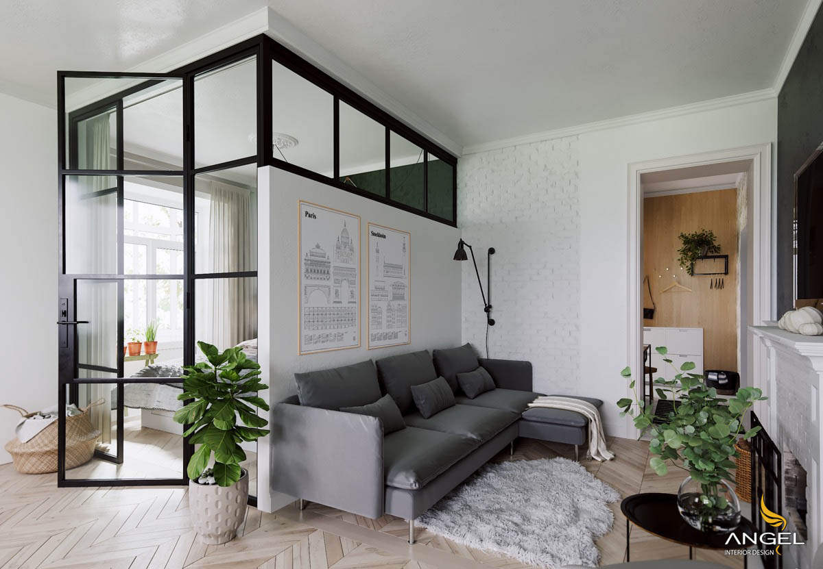 Interior Design Of 50m2 Apartment Saves Area With Iron And Glass Frame Door
